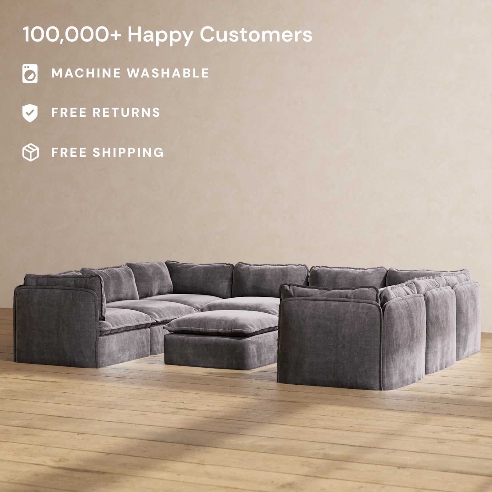 Modular Performance 8-Seater U-Sectional + Ottoman in Cinder | Deluxe ...