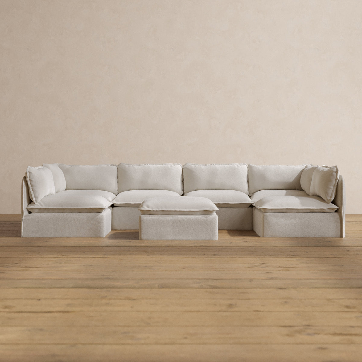 Modular Washable 6-Seater Open-Ends U-Sectional + Ottoman in Powder ...