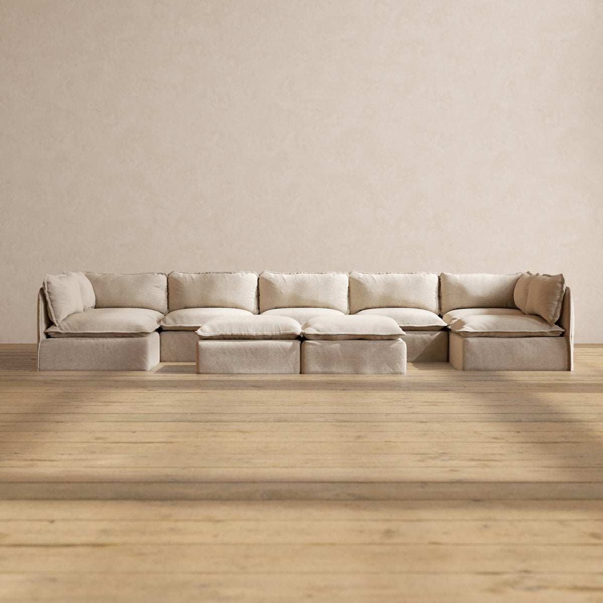 Modular Washable 7-Seater Open-Ends U-Sectional + Bench Ottoman in Oat ...