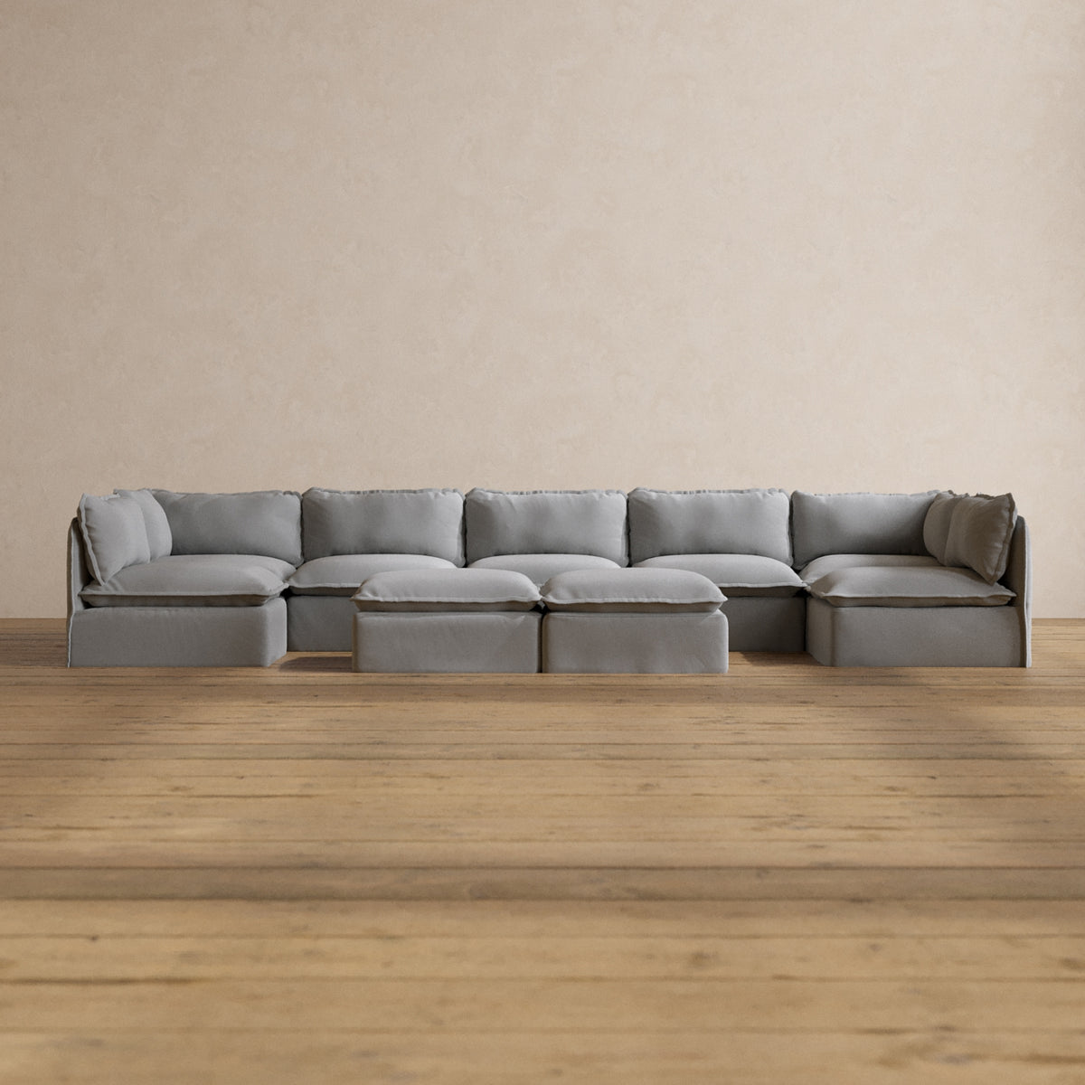 Modular Washable 7-Seater Open-Ends U-Sectional + Bench Ottoman in Pum ...