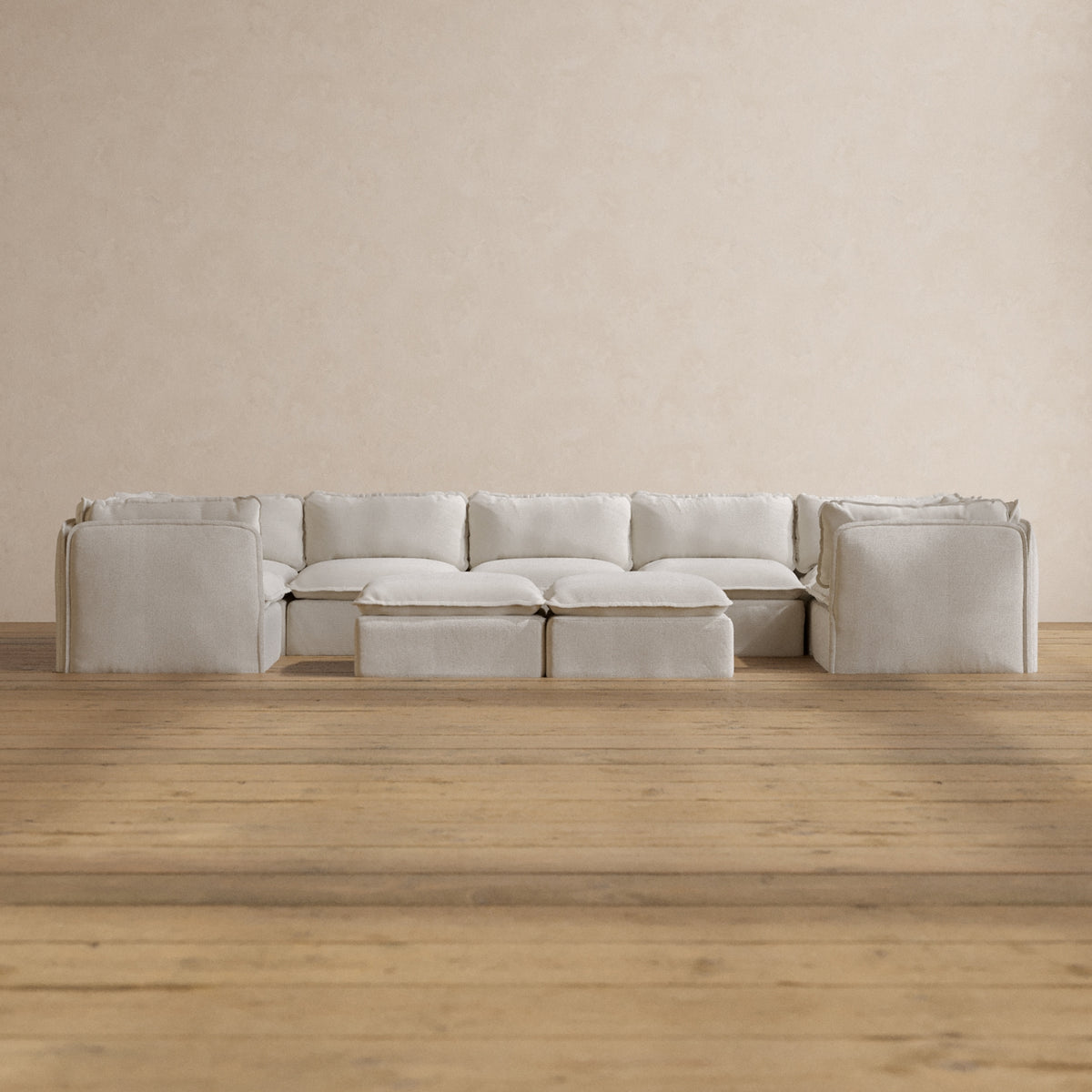 Modular Washable 7-Seater U-Sectional + Bench Ottoman in Powder | Delu ...