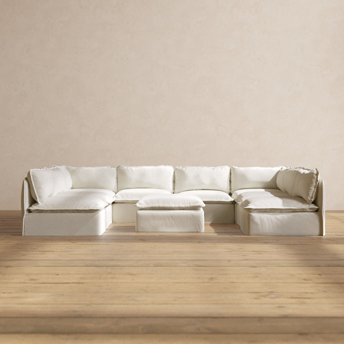 Modular Washable 8-Seater Open-Ends U-Sectional + Ottoman in Eggshell ...