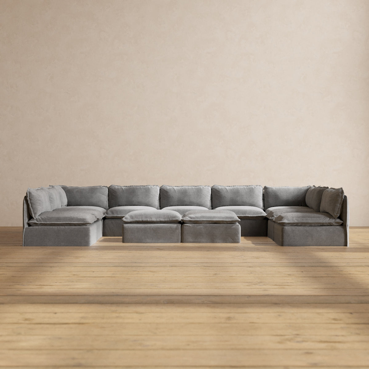 Modular Washable 9-Seater Open-Ends U-Sectional + Bench Ottoman in Ash ...